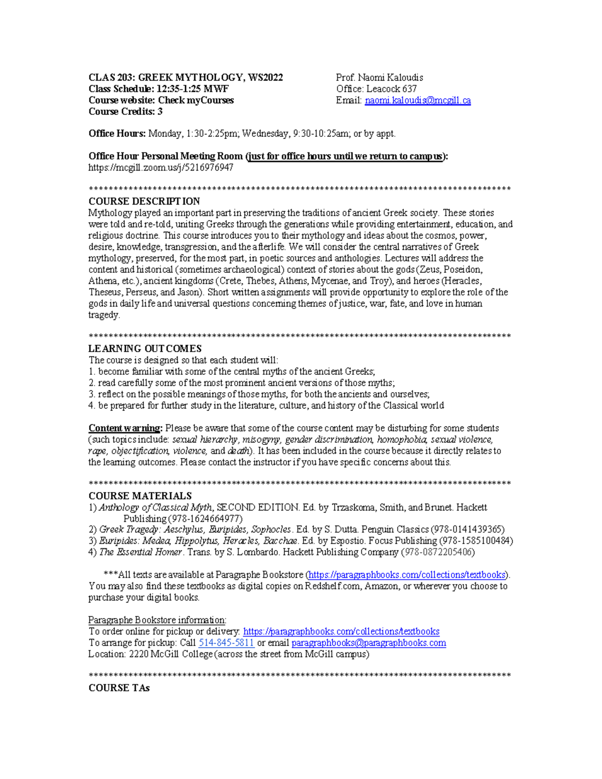 Myth Syllabus 2022 - Copy - CLAS 203: GREEK MYTHOLOGY, W S2022 Prof ...