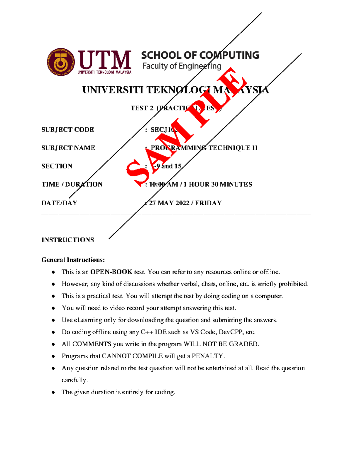 Secj1023 test2 sample - test 2 - UNIVERSITI TEKNOLOGI MALAYSIA TEST 2 ...