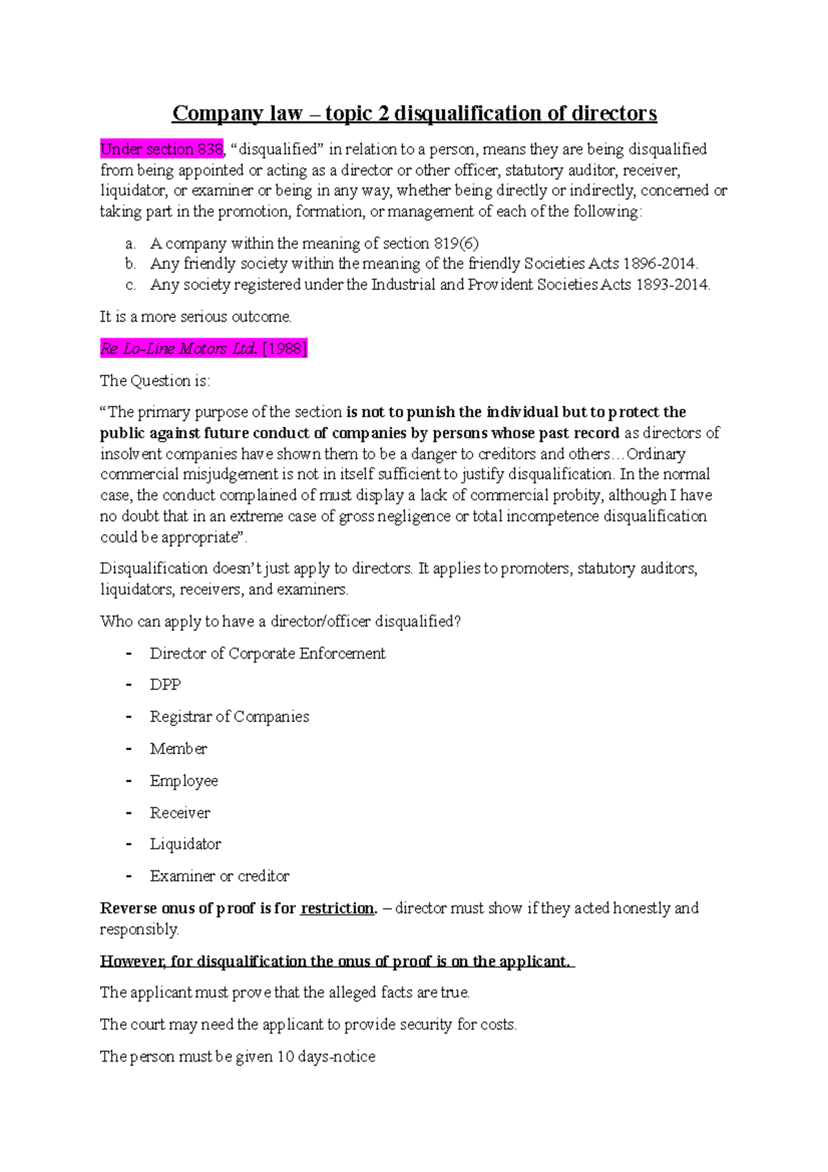 Company LAW Topic 2 - Disqualification OF Directors - Company law ...