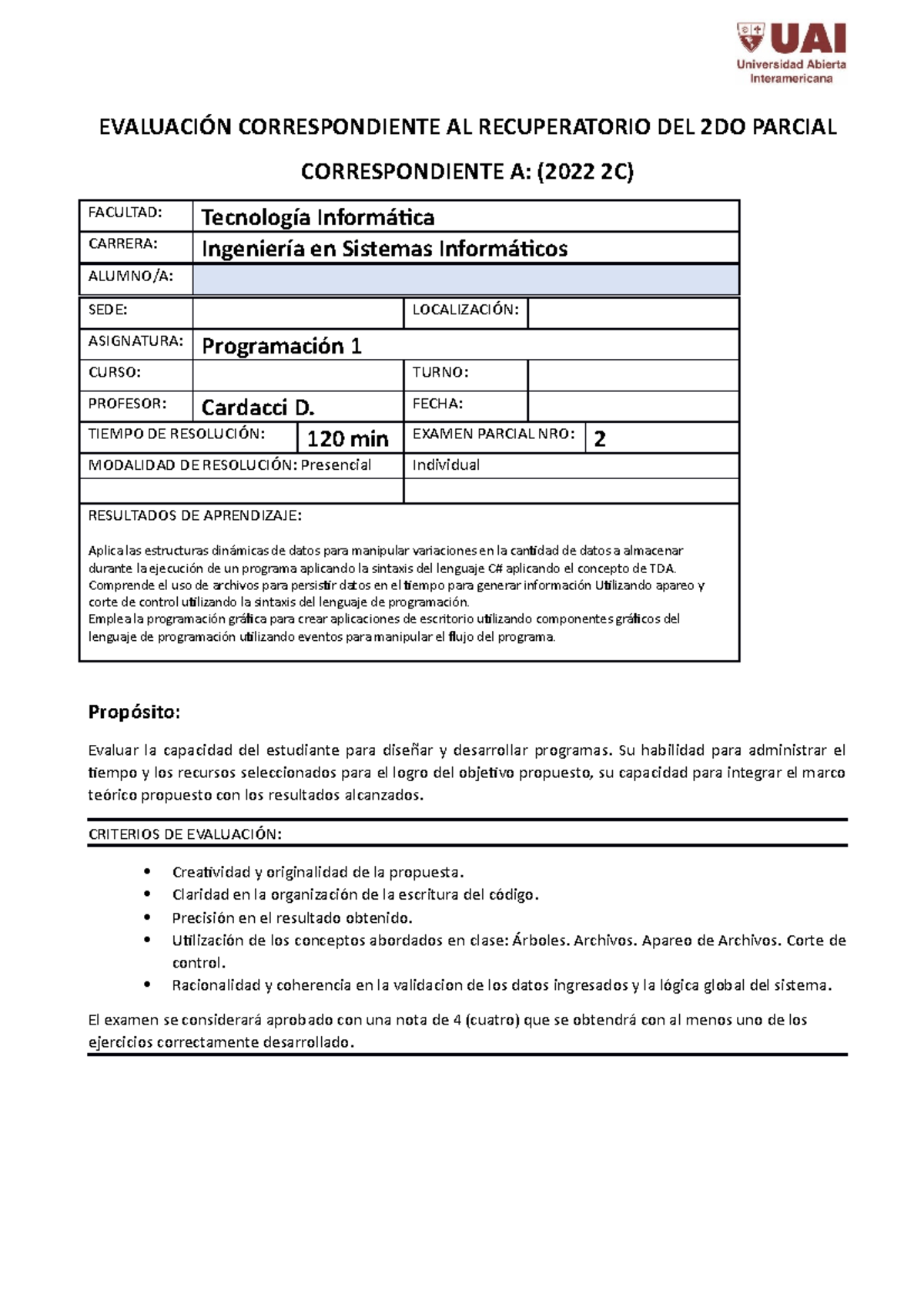 P1y P2 Recup 2022 2C - EVALUACIÓN CORRESPONDIENTE AL RECUPERATORIO DEL ...