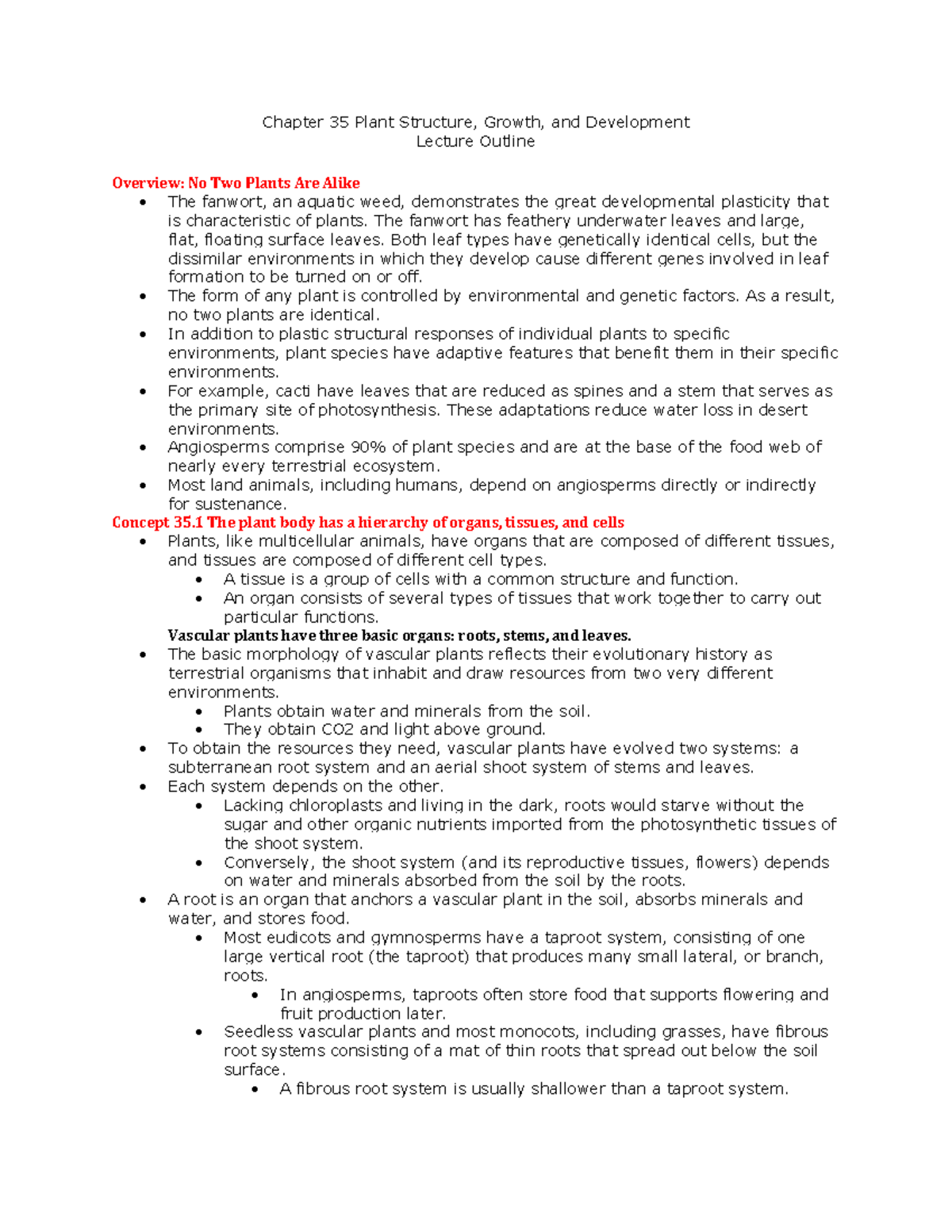 Biology Chapter 35 - Plant Development - Chapter 35 Plant Structure ...