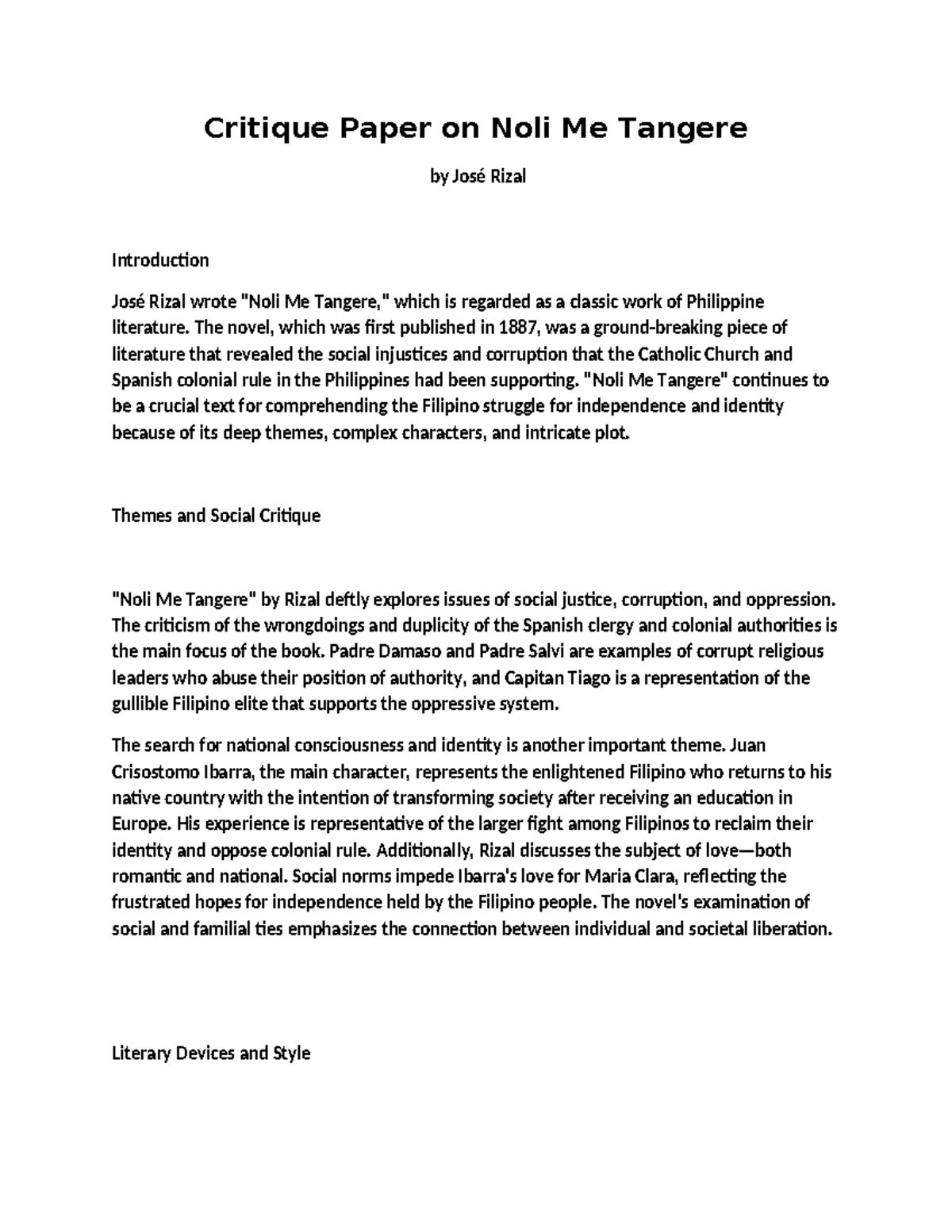 CRITICAL PAPER NOLI ME - Critique Paper on Noli Me Tangere by José ...