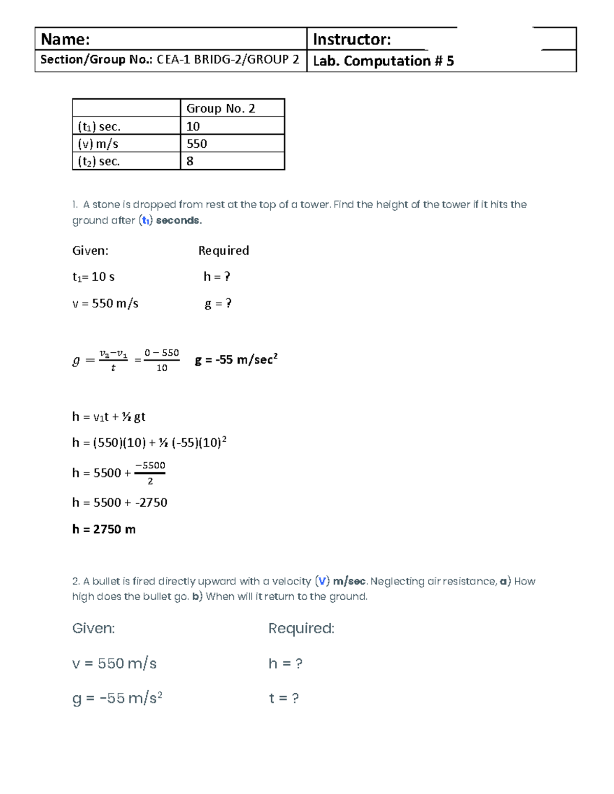 Physics lab 5 3 - asd - Group No. 2 (t(v) m/s 1 ) sec. 10 (t 2 ) sec. 8 ...
