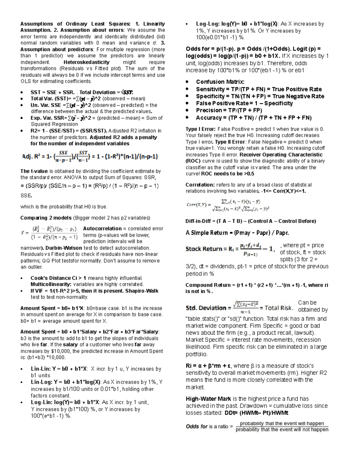 Cheat sheet mgt6203 - Assumptions of Ordinary Least Squares: 1. Linearity Assumption. 2 ...