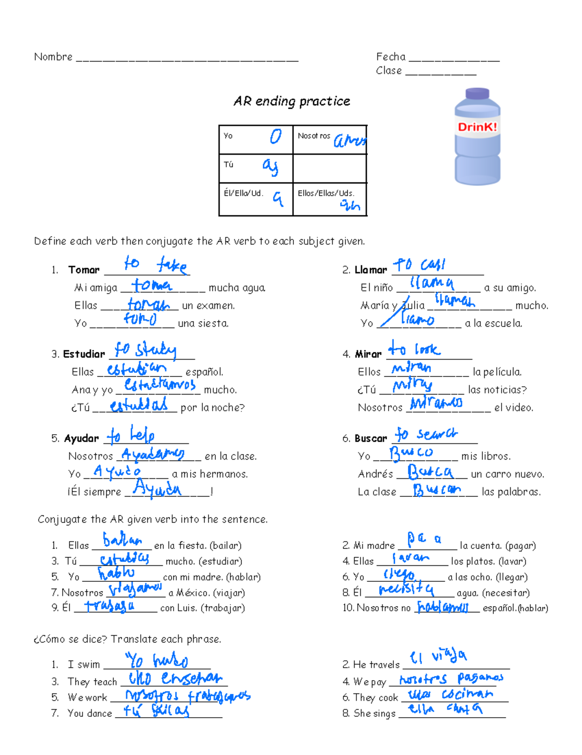 AR verbs to know - 9 EXP - Nombre ...