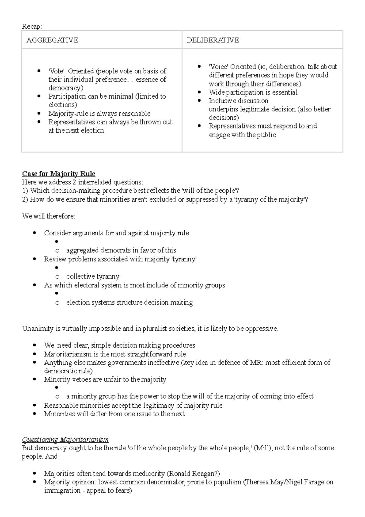 Majorities AND Minorities - Recap: AGGREGATIVE DELIBERATIVE 'Vote ...