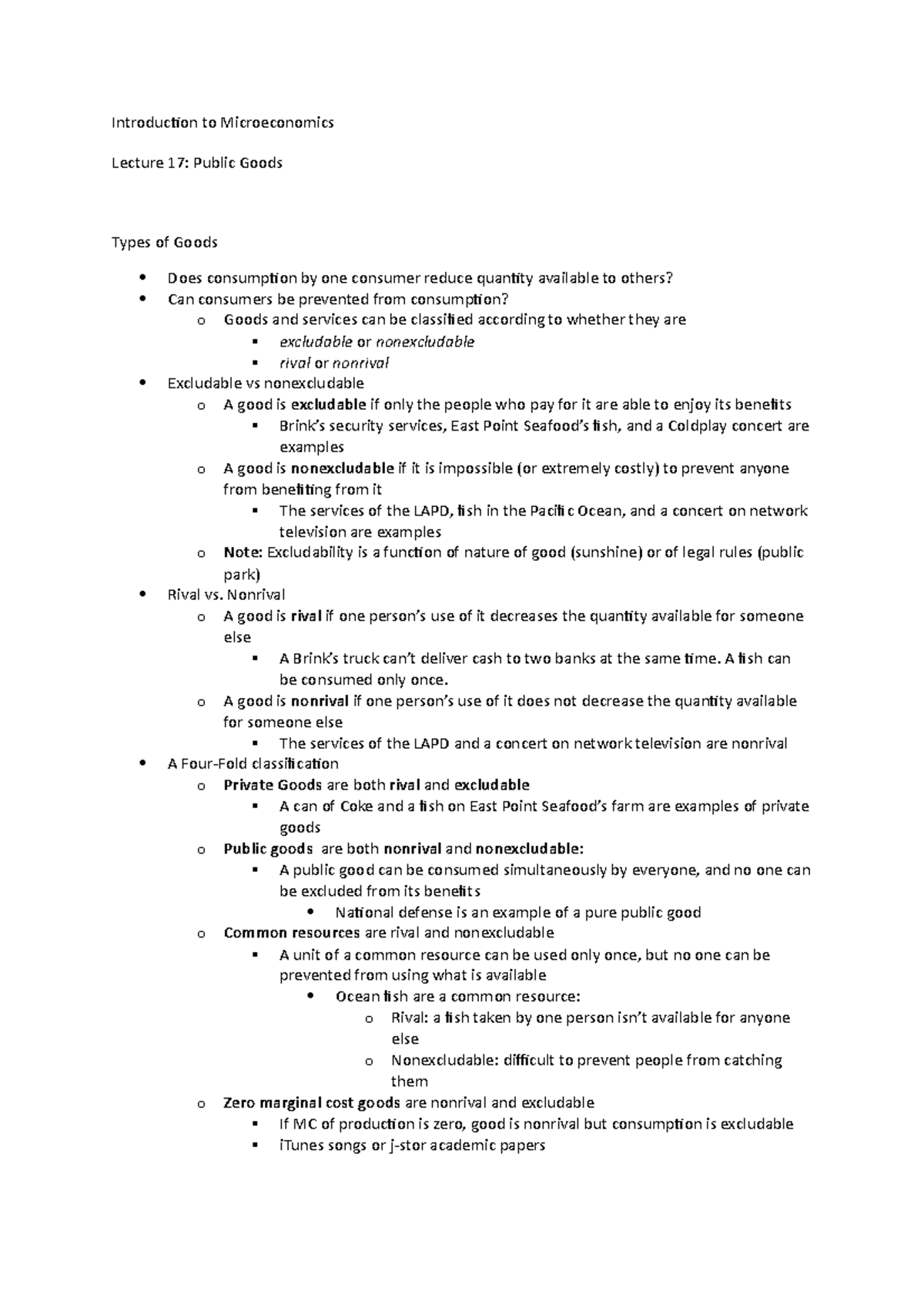 Lecture 17 - Public Goods - Introduction to Microeconomics Lecture 17 ...