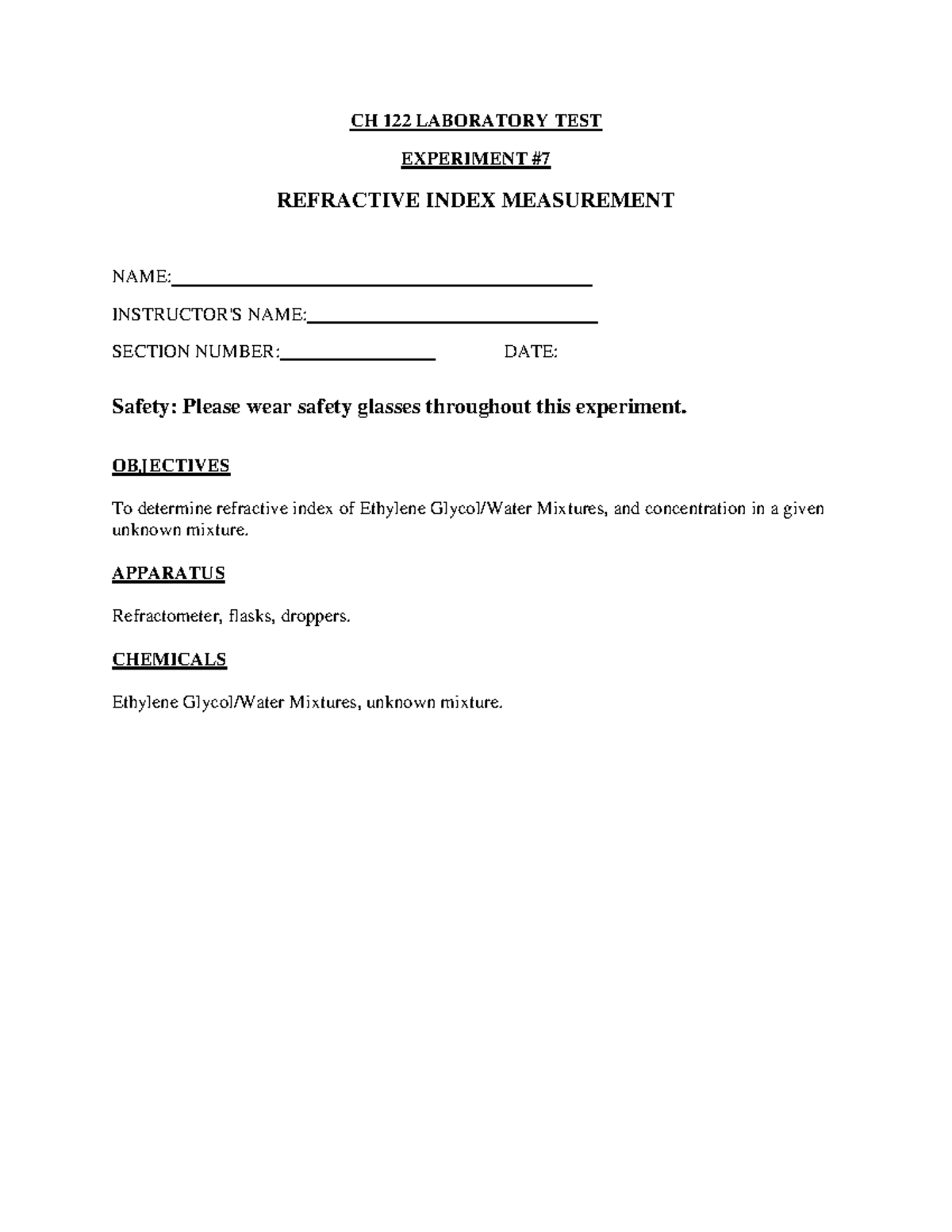 CH122_Lab_Experiment7 - CH 122 LABORATORY TEST EXPERIMENT REFRACTIVE ...