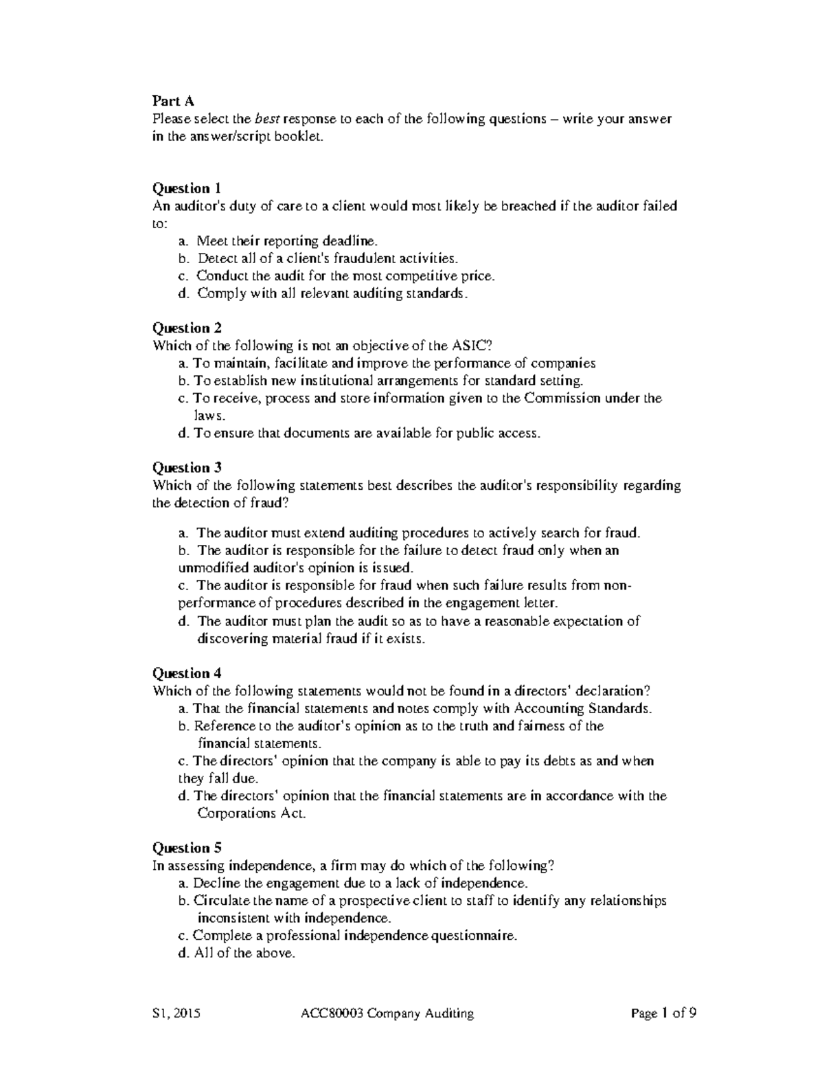 Sample/practice exam 2015, questions - Part A Please select the best ...