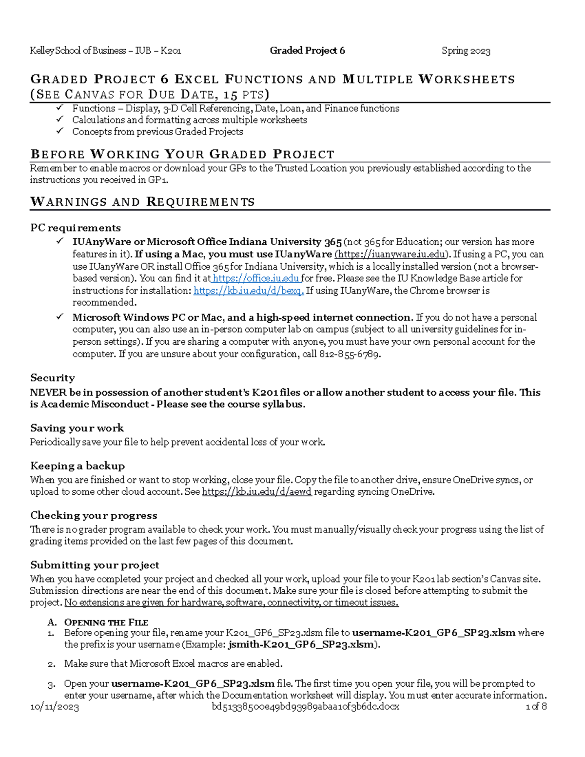 Instructions K201 GP6 SP23 - GRADED PROJECT 6 EXCEL FUNCTIONS AND ...