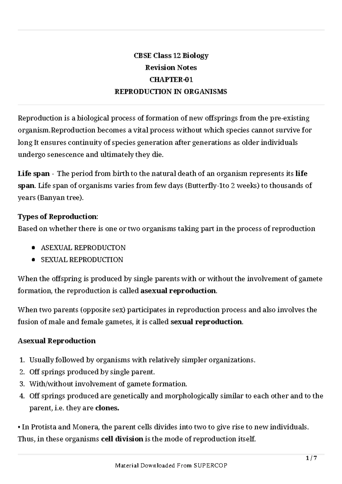 Bio 1 - NCERT PLUS TWO BIOLOGY LECTURE NOTES - **1 / ** CBSE Class 12 ...