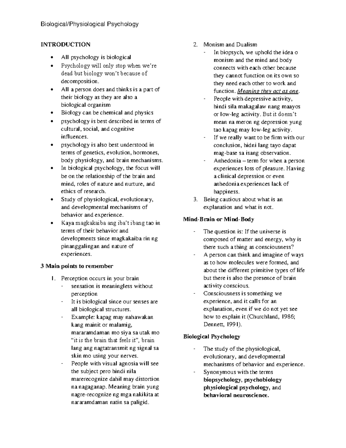 Bio Psych-Notes-2 - BioPsychology Notes - INTRODUCTION All psychology ...