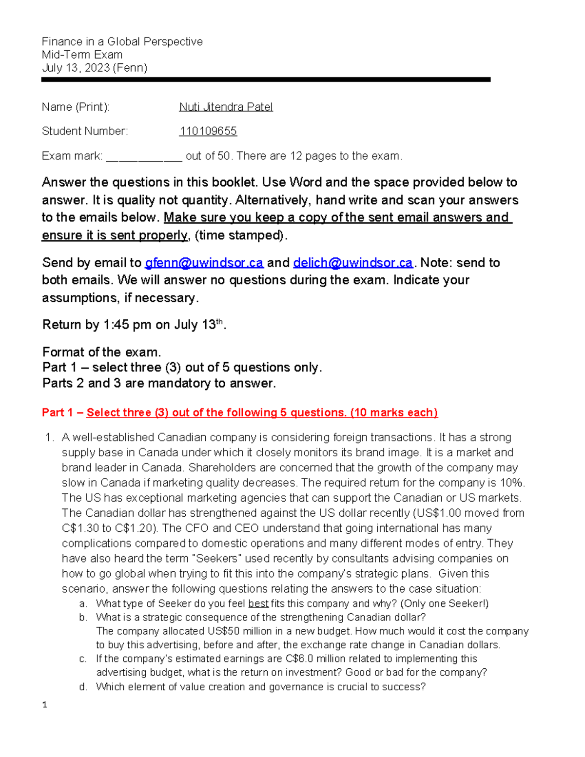 fin mid sample qu - Mid-Term Exam July 13, 2023 (Fenn) Name (Print ...