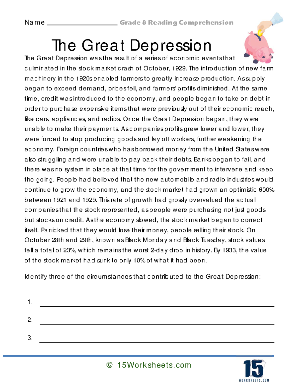 R- 8 - Name Grade 8 Reading Comprehension © 15Worksheets The Great ...