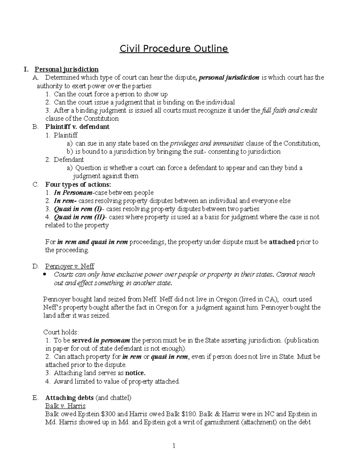 Civil Procedure Law Outline 2 - Civil Procedure Outline I. Personal ...