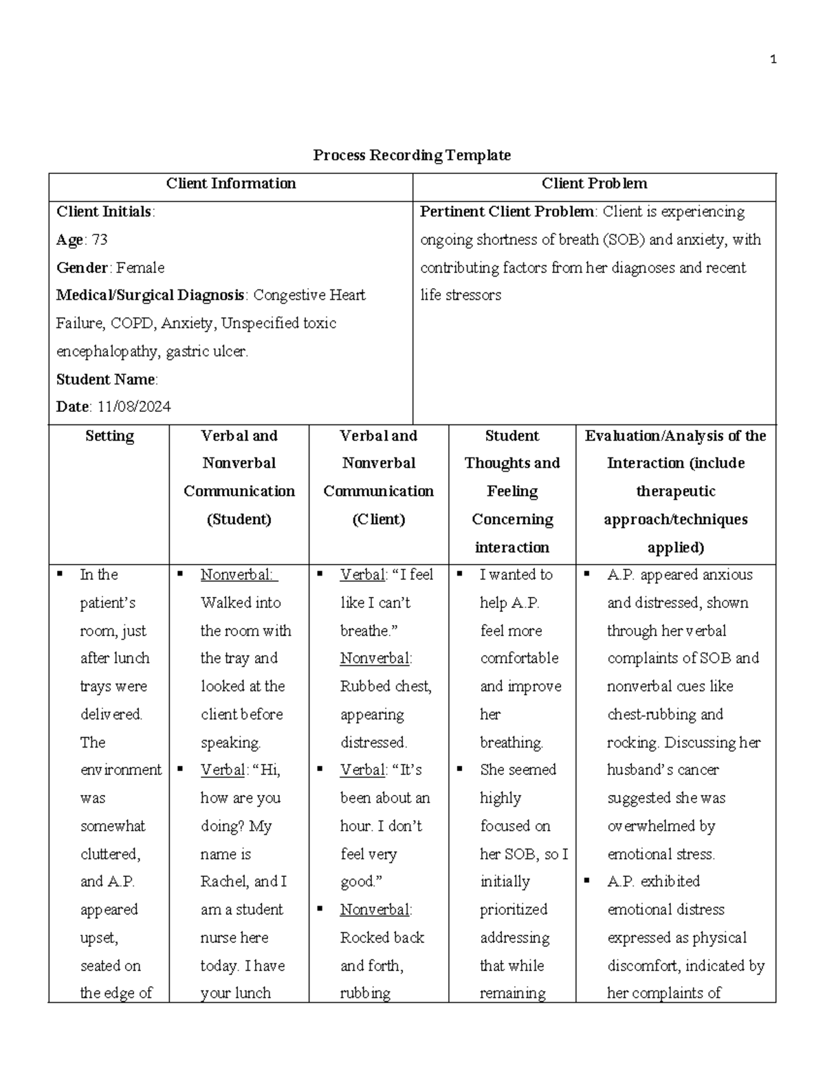 NUR 380 C-Assignment-Process Recording - 1 Process Recording Template Client Information Client ...