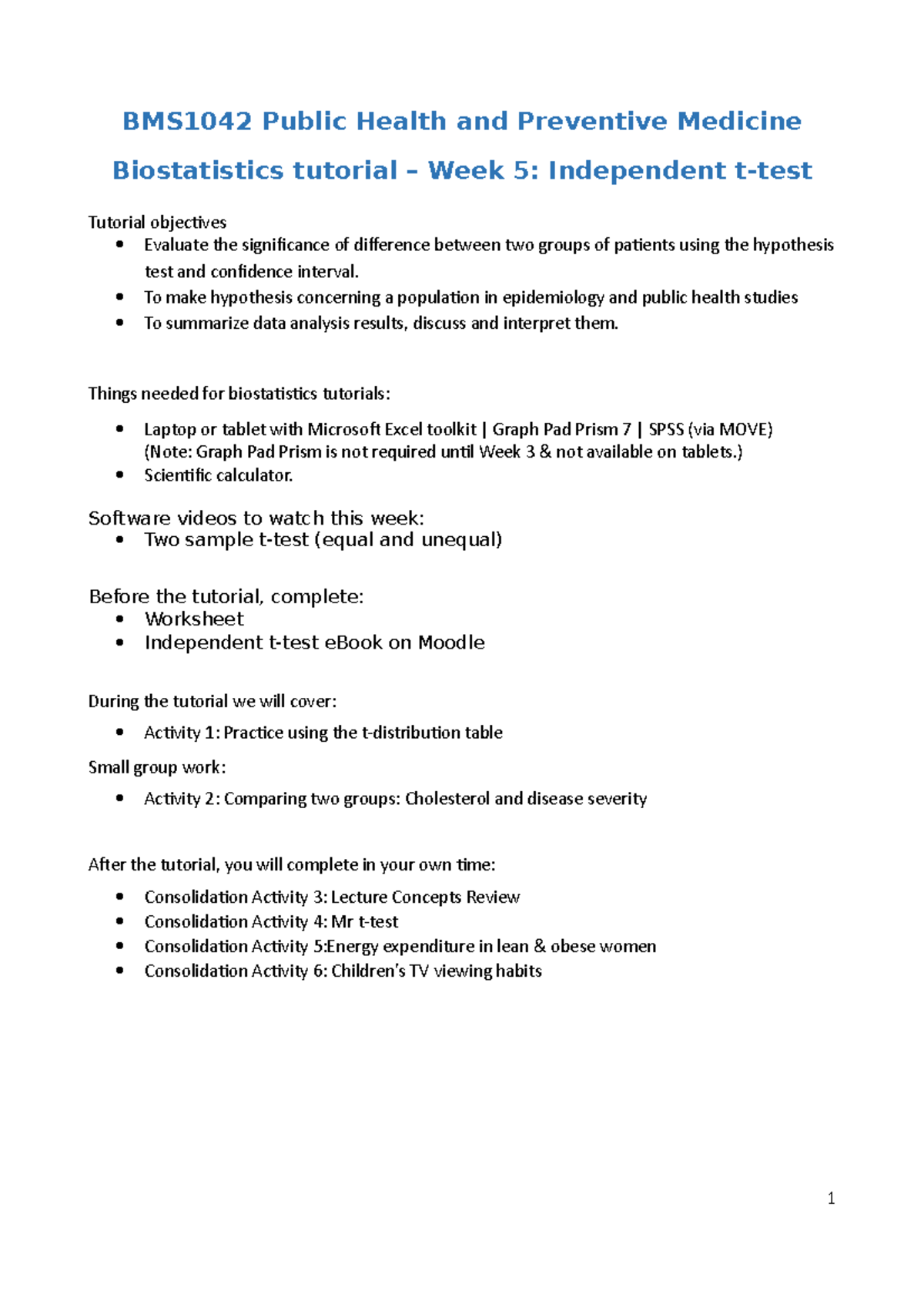 Biostats Tutorial - Week 5 - Worksheet (2022) - BMS1042 Public Health and Preventive Medicine ...