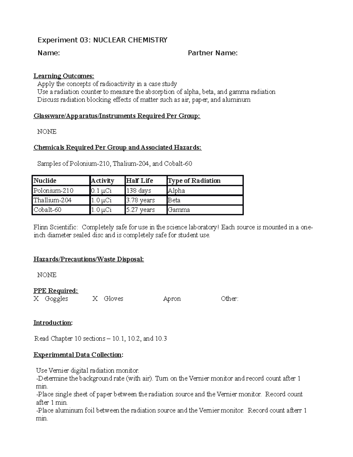 Lab 3 nuclear Chemistry - Experiment 03: NUCLEAR CHEMISTRY Name ...