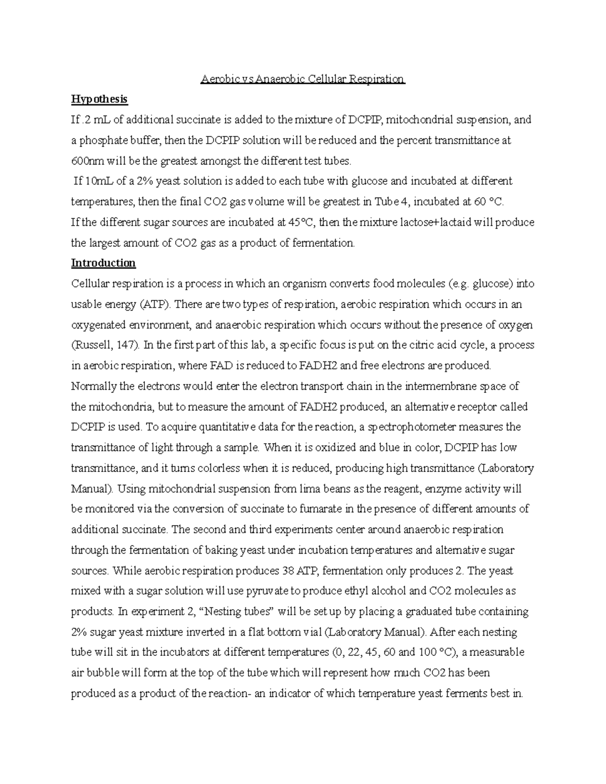 Lab Report I Cellular Respiration - Aerobic vs Anaerobic Cellular ...