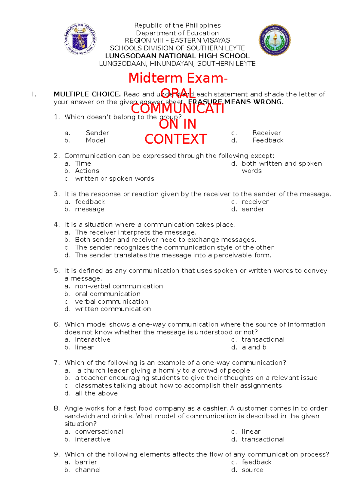 Midterm EXAM ORAL COMM - examination - Republic of the Philippines ...