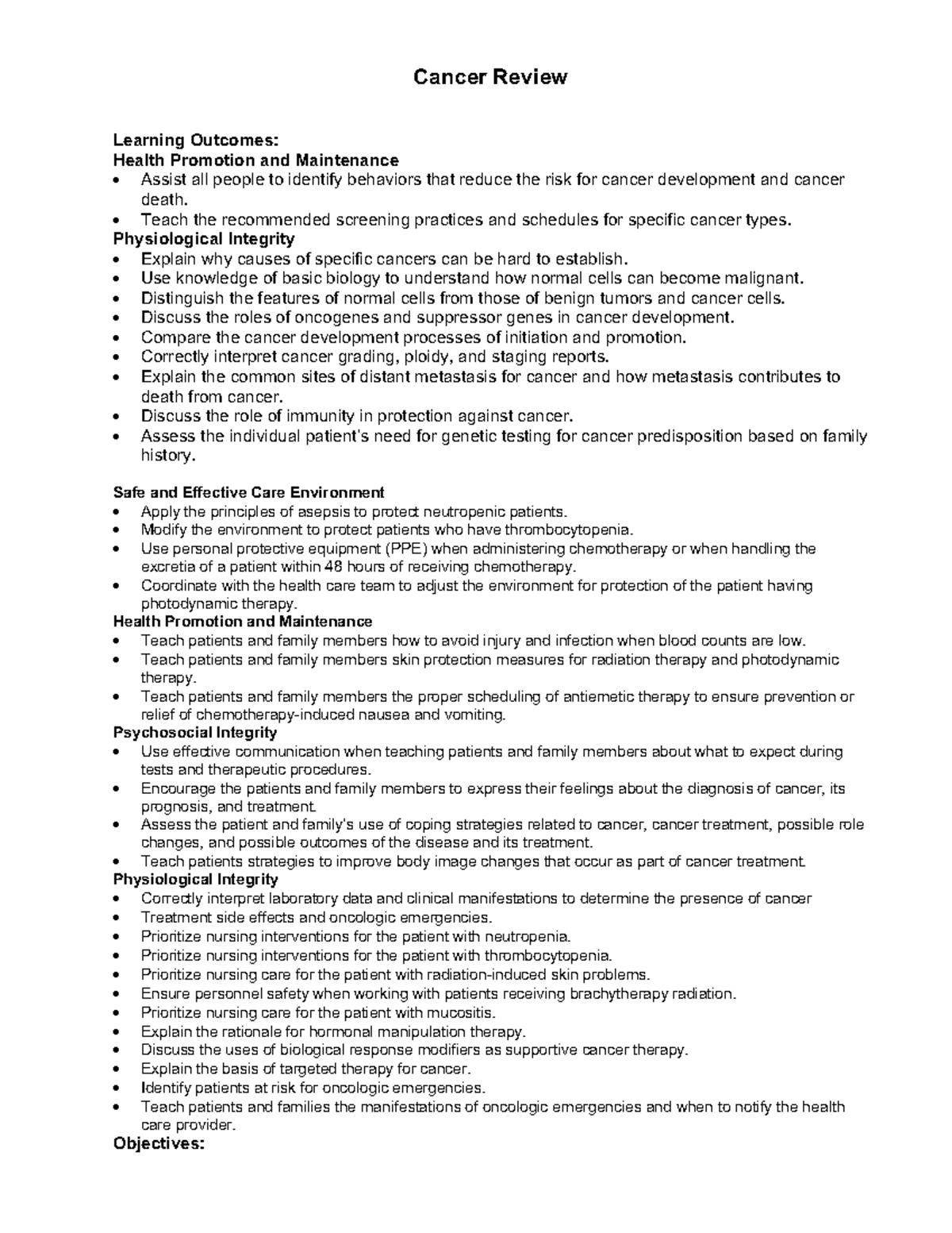 Cancer Student Handout - Cancer Review Learning Outcomes:Health ...