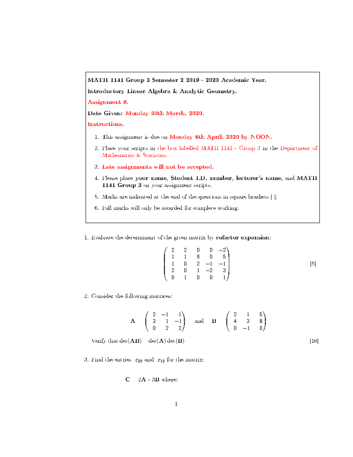 MATH 1141 Assignment 9 - Questions done for practice on complex numbers ...