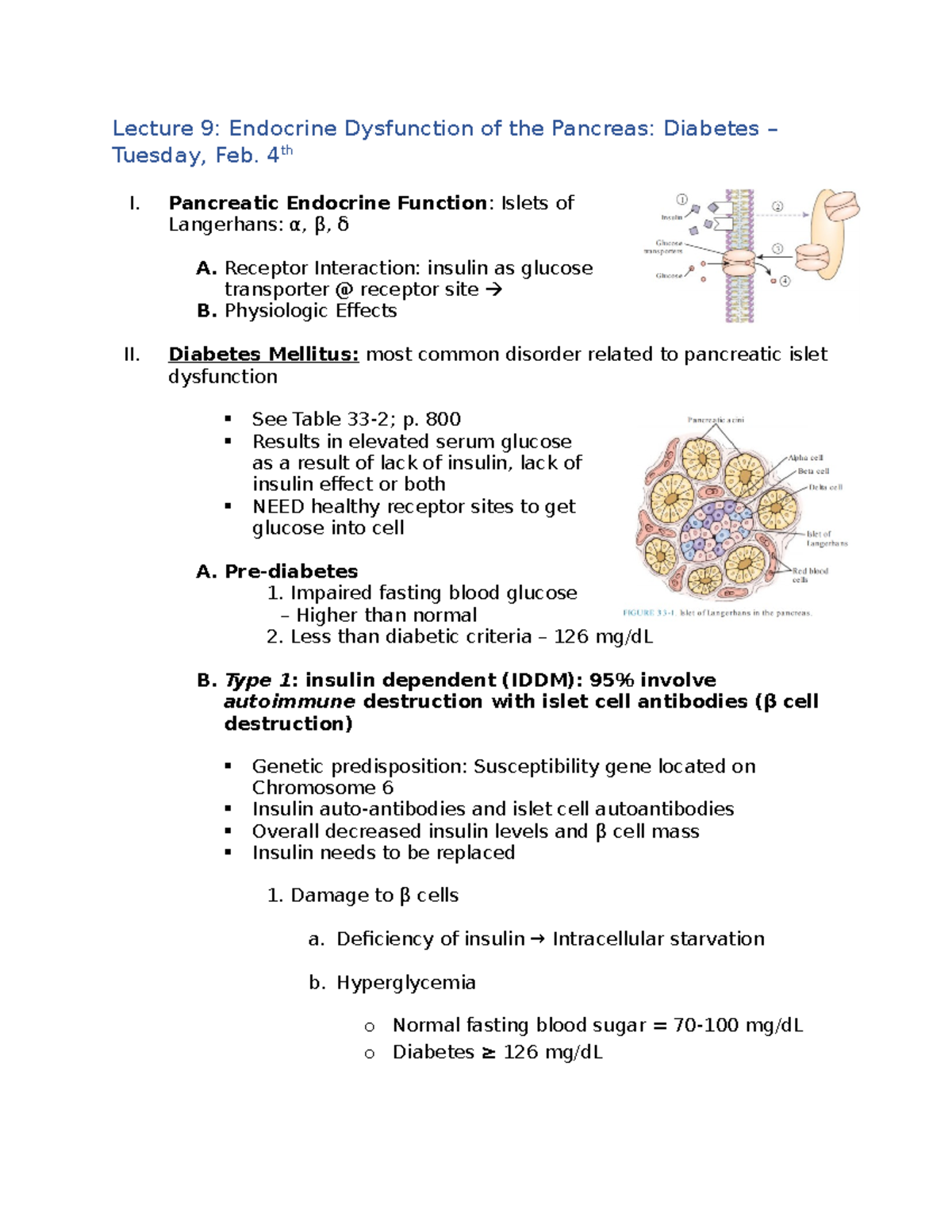 Lecture 9 - Diabetes - Lecture 9: Endocrine Dysfunction of the Pancreas ...
