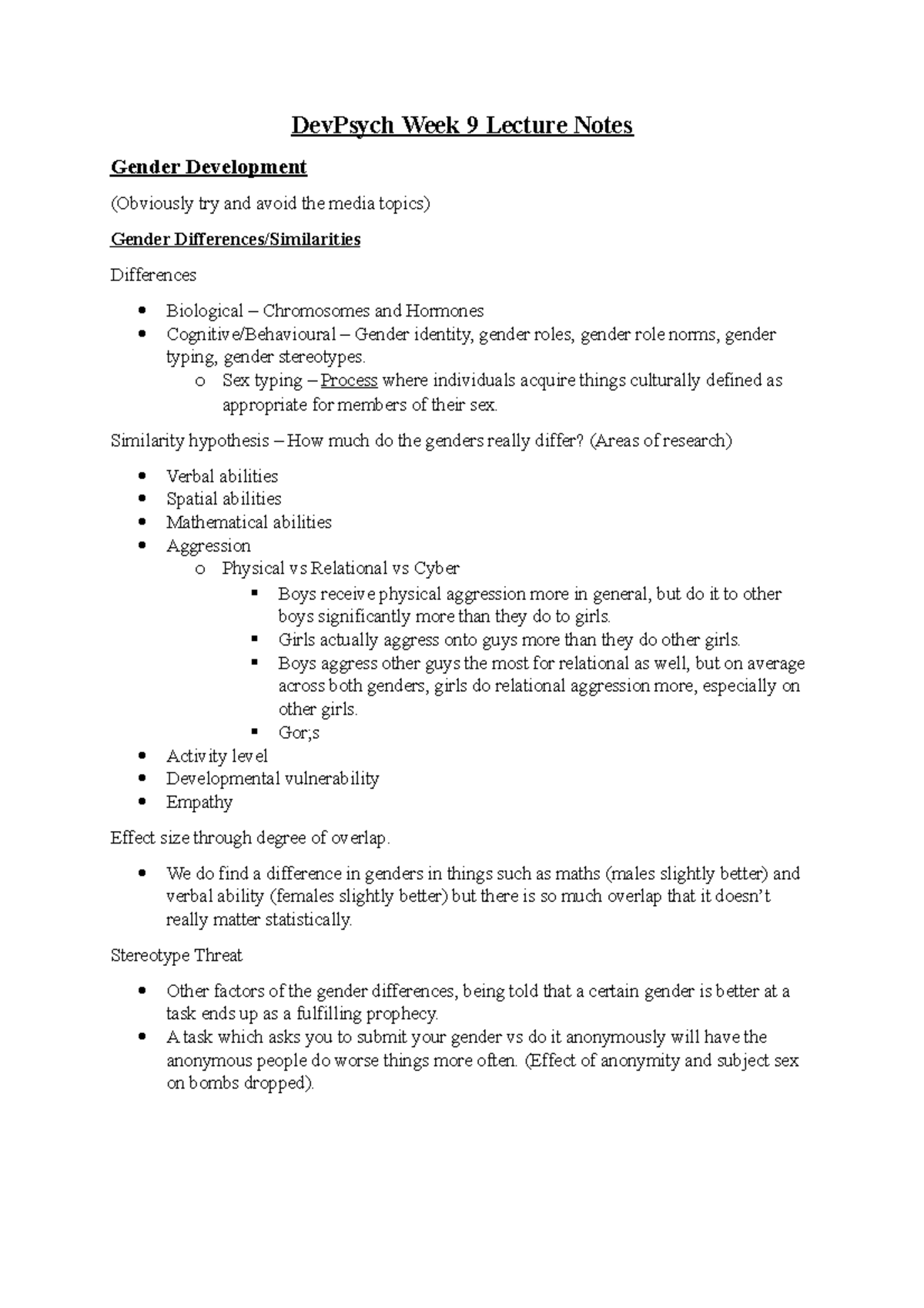 Dev Psych Week 9 Lecture Notes - DevPsych Week 9 Lecture Notes Gender ...