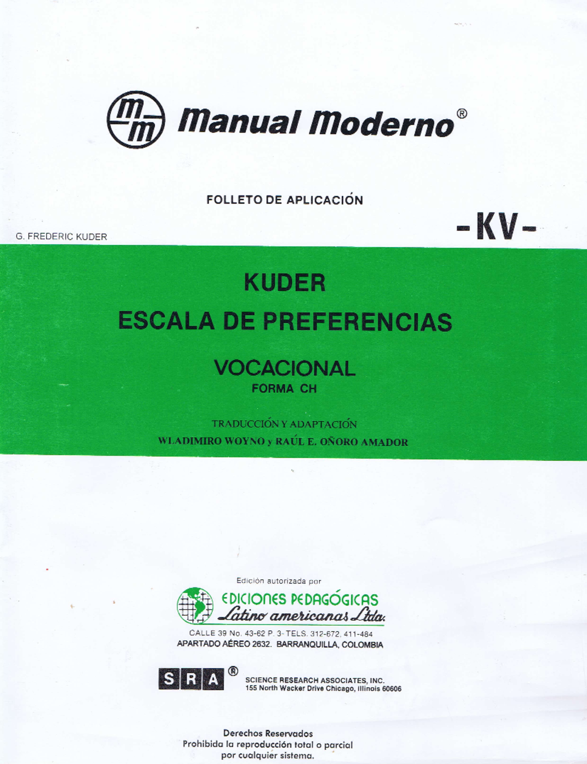 KV Kuder Escala de Preferencias Vocacional Forma CH Folleto de ...