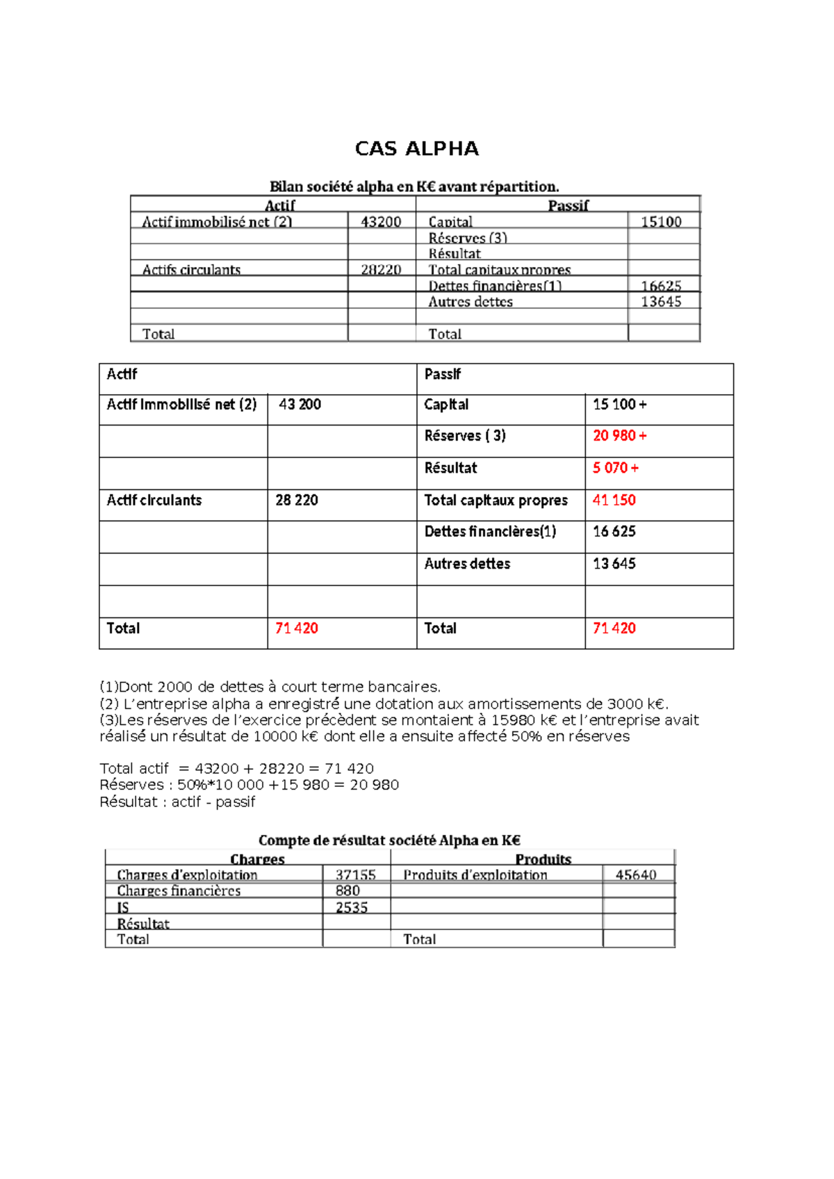 ANalyse financière TD - CAS ALPHA Actif Passif Actif immobilisé net (2) 43 200 Capital 15 100 ...