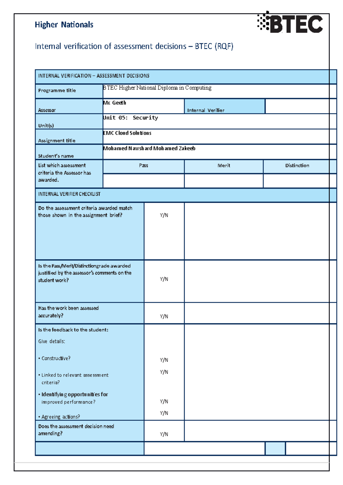 009472 50 Security Zakeeb - Higher Nationals Internal verification of assessment decisions ...