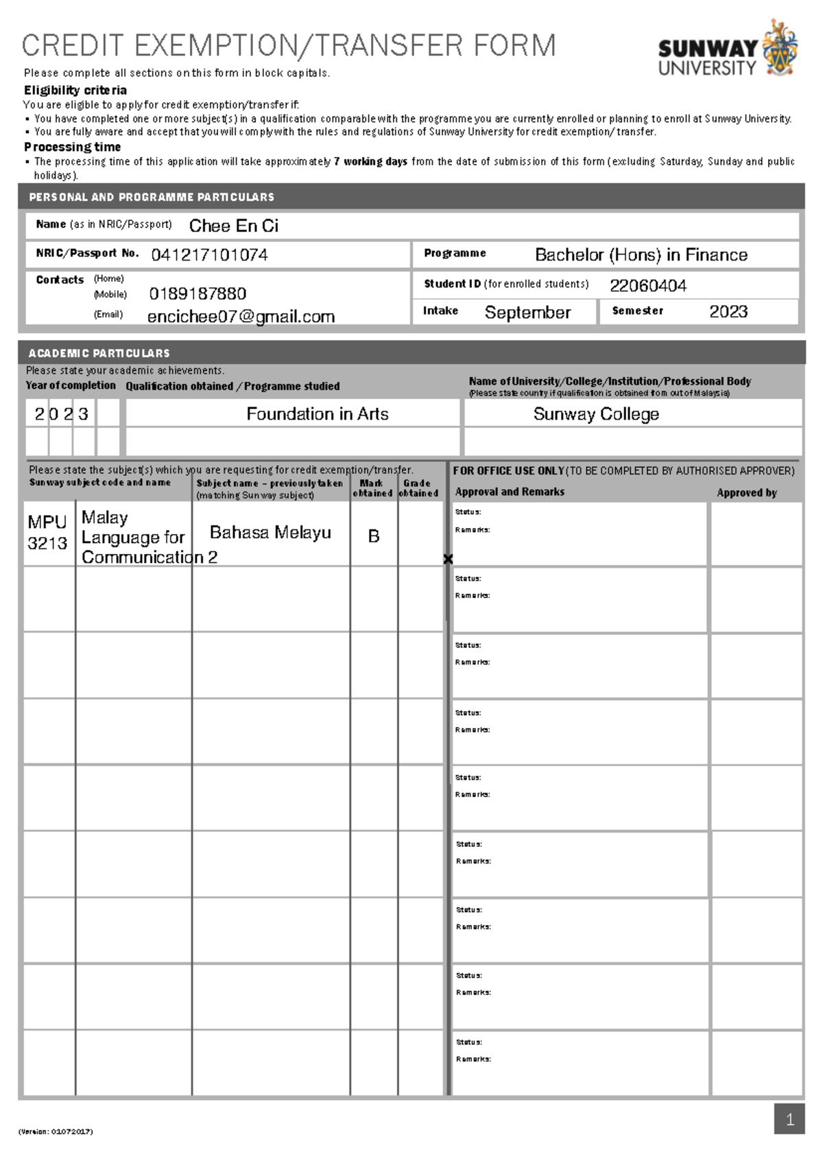 SUN-U Credit Exemption Transfer Form(3) 2 - CREDIT EXEMPTION/TRANSFER ...