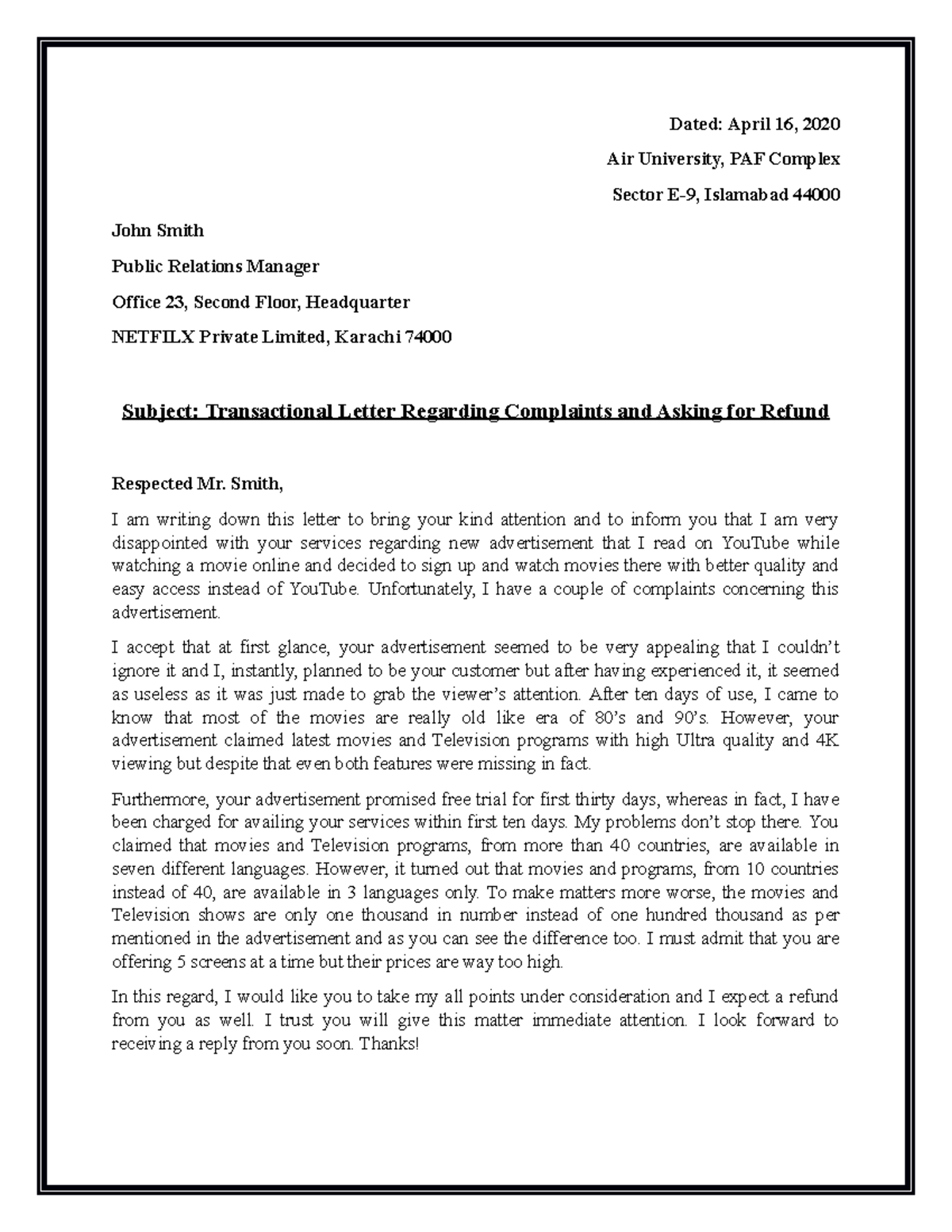 Formal Transactional Letter - Dated: April 16, 2020 Air University, PAF ...