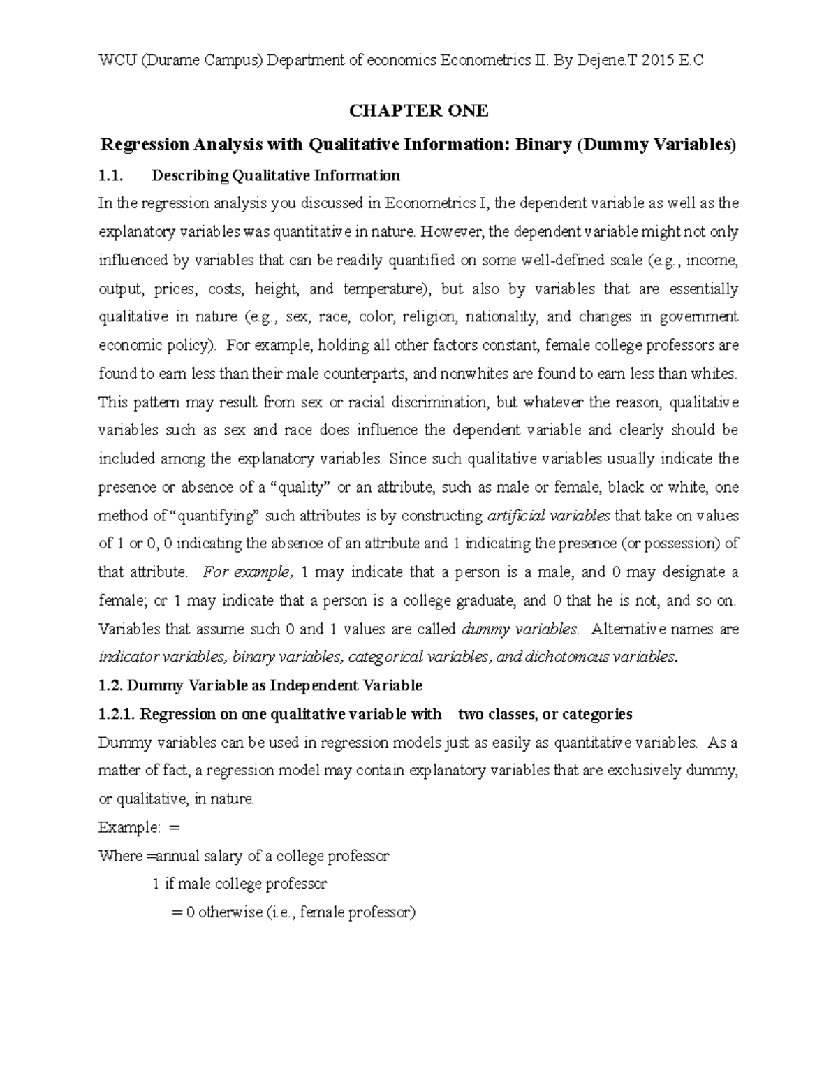 Chapter One-final - CHAPTER ONE Regression Analysis with Qualitative Information: Binary (Dummy ...