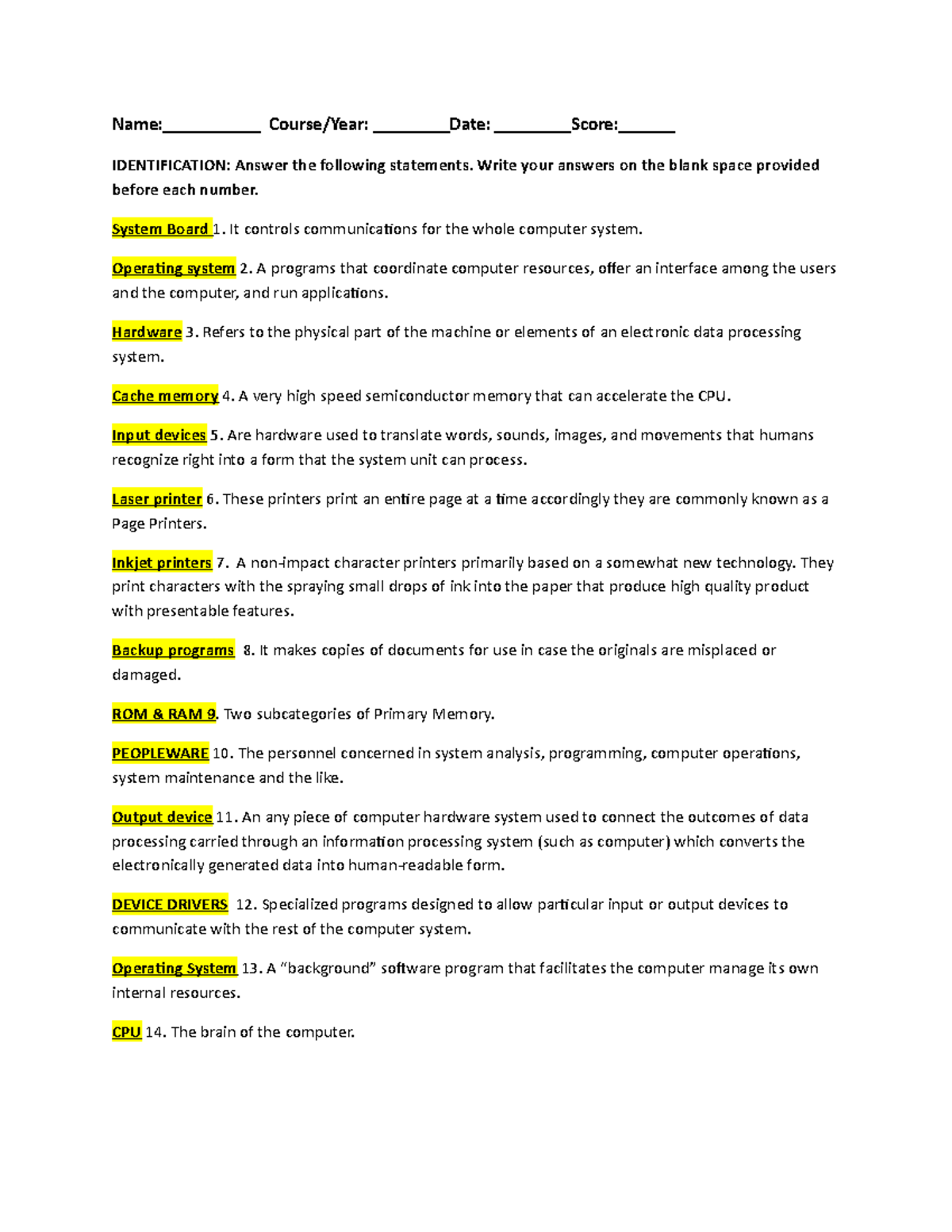 CC101 Assignment - Activity in Computer programming - Name: Course/Year ...