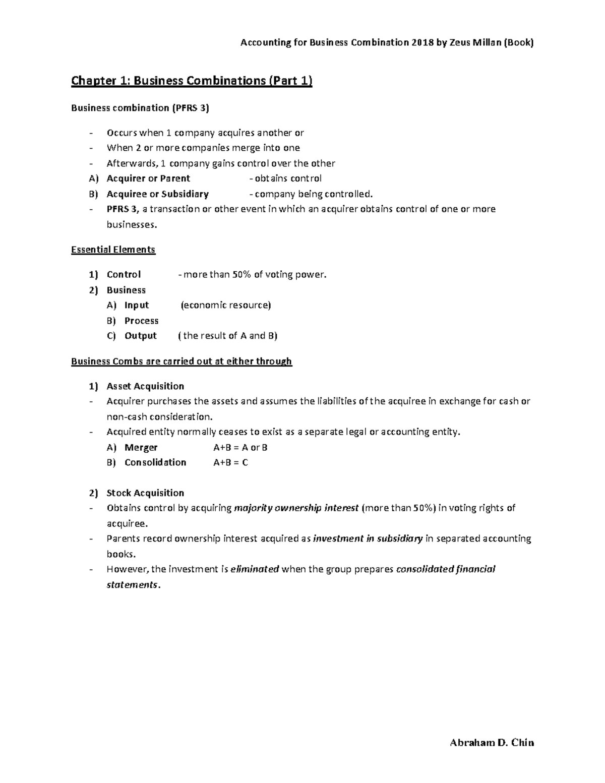 Document - Notes - Chapter 1: Business Combinations (Part 1) Business ...
