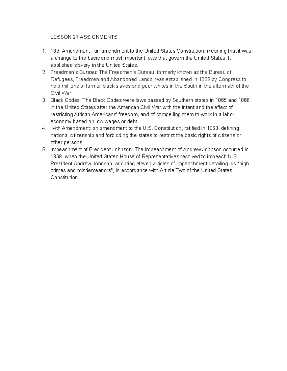 Lesson 27 Assignments - LESSON 27 ASSIGNMENTS 1. 13th Amendment : an ...