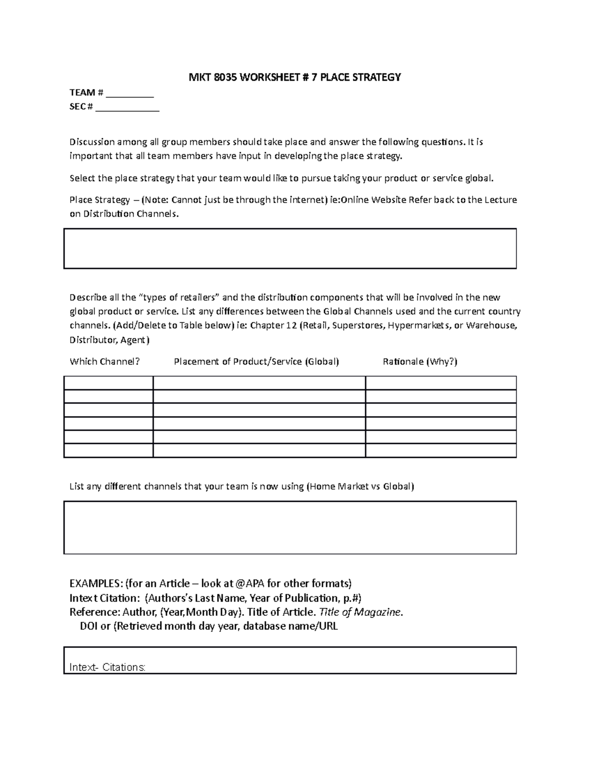 7- Place Strategy - worksheets assignment - MKT 8035 WORKSHEET # 7 ...