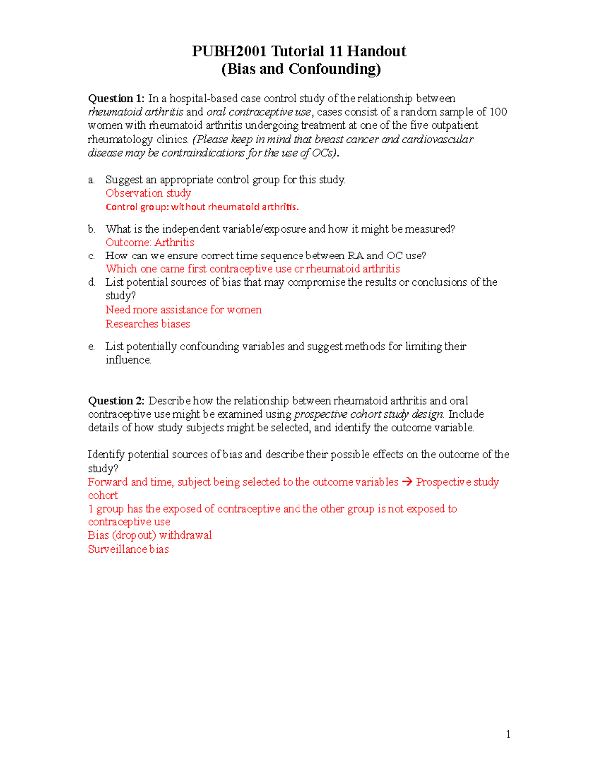 Tutorial 12 Handout - PUBH2001 Tutorial 11 Handout (Bias and Confounding) Question 1: In a - Studocu
