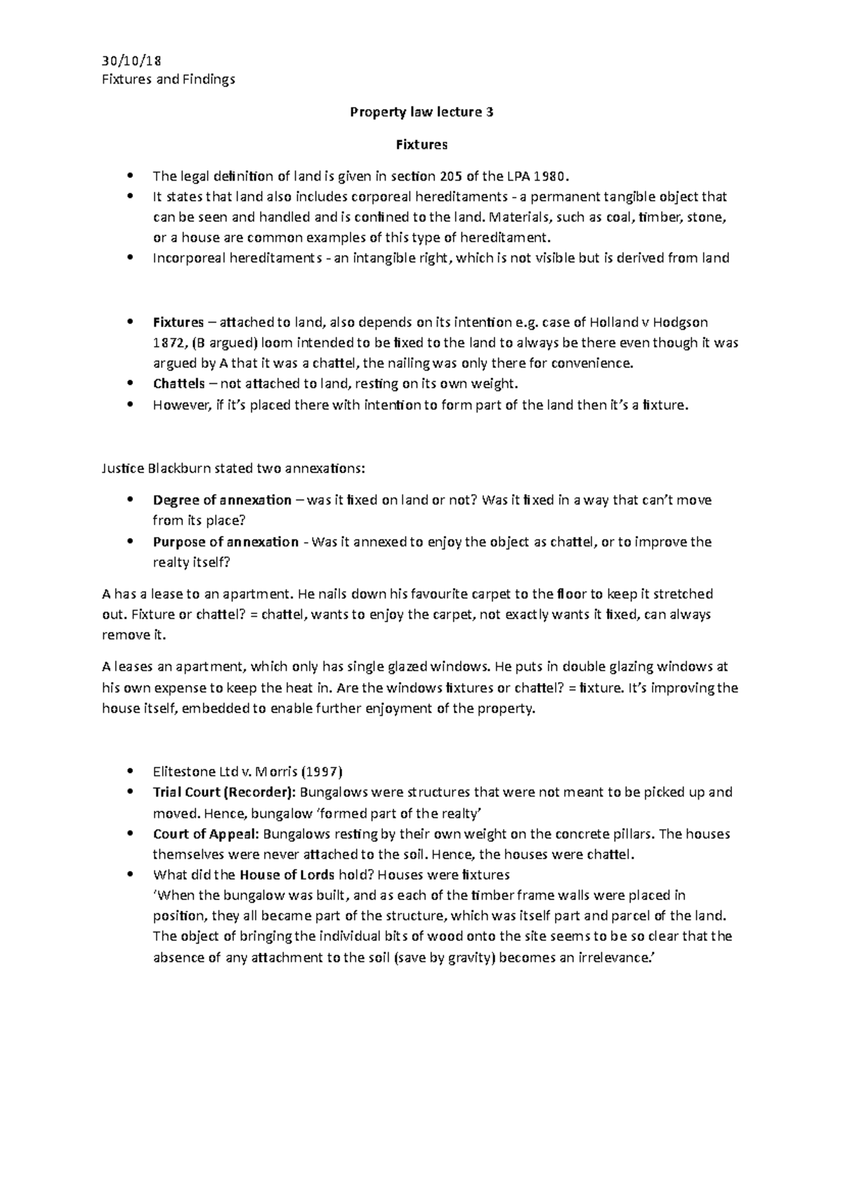 Property law lecture 3 - 30/10/ Fixtures and Findings Property law ...