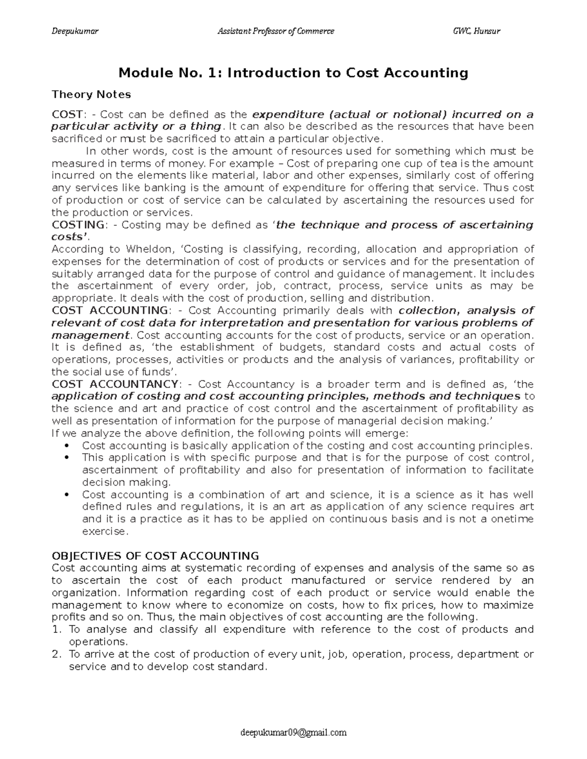 Module No 1 Introduction to Cost Accounting - Module No. 1: Introduction to Cost Accounting ...