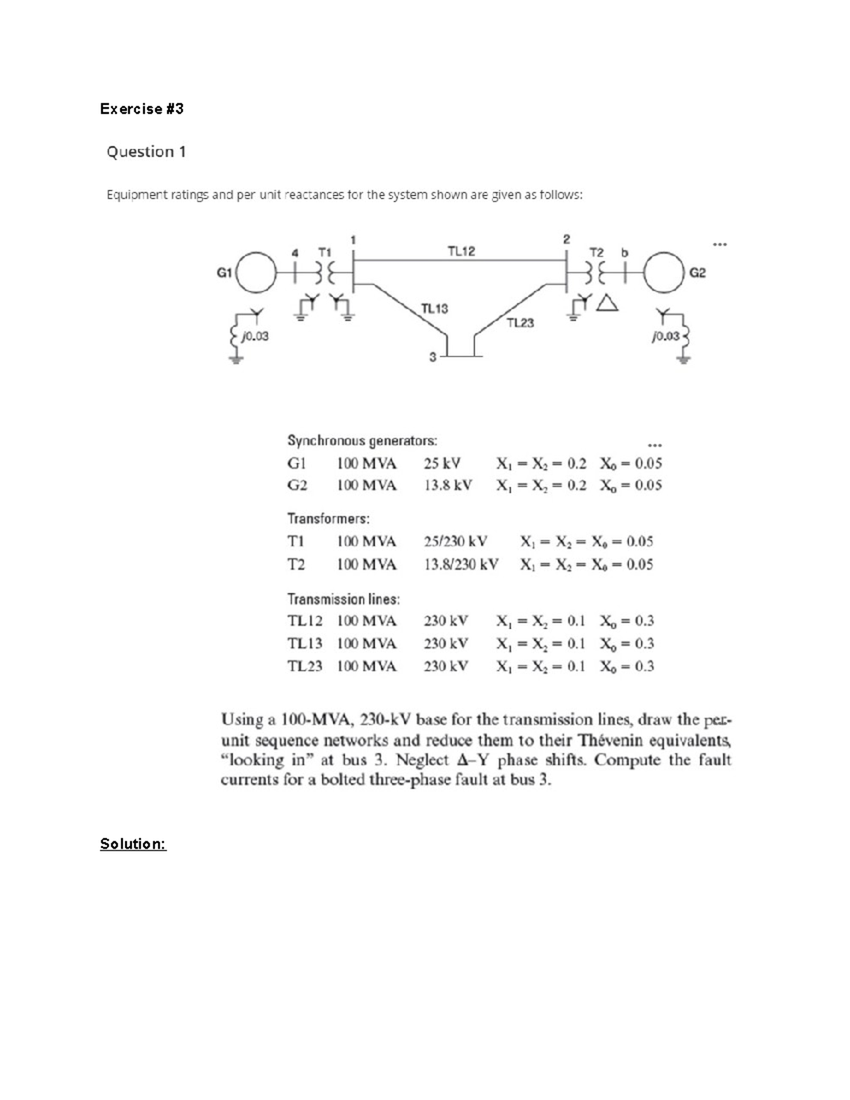 Exercise-3 - Fault Calculation - Exercise Question 1 Equipment ratings ...