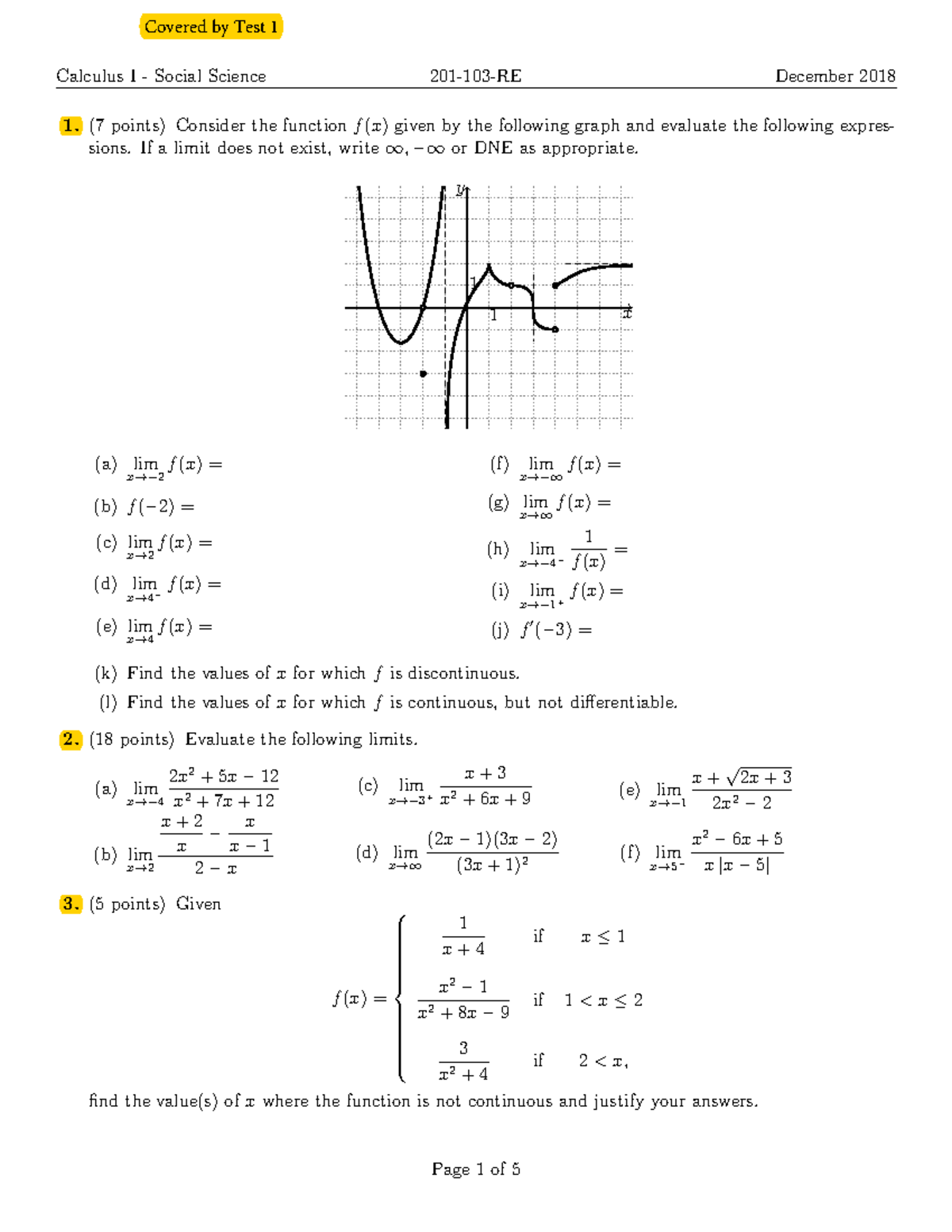 Calculus I Test 1 December 2018 - Studocu