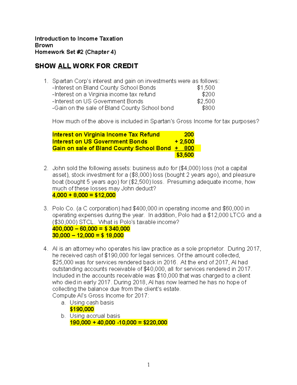 Homework Set # 2 - Introduction to Income Taxation Brown Homework Set ...