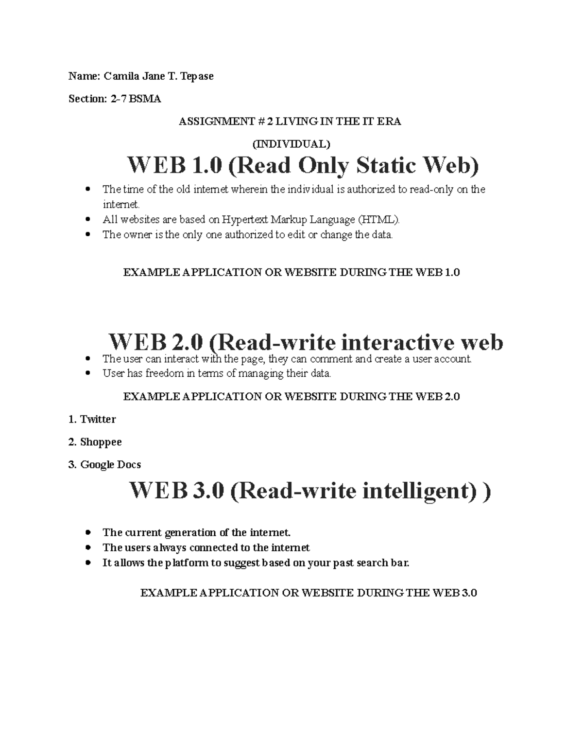 Assgn 2 Camila JANE Tepase - Name: Camila Jane T. Tepase Section: 2-7 ...
