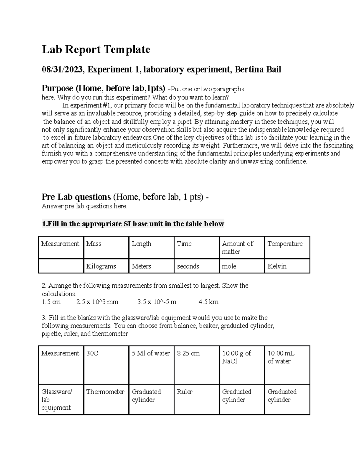 Lab Report Template 1 - Lab Report Template 08/31/2023, Experiment 1, laboratory experiment ...