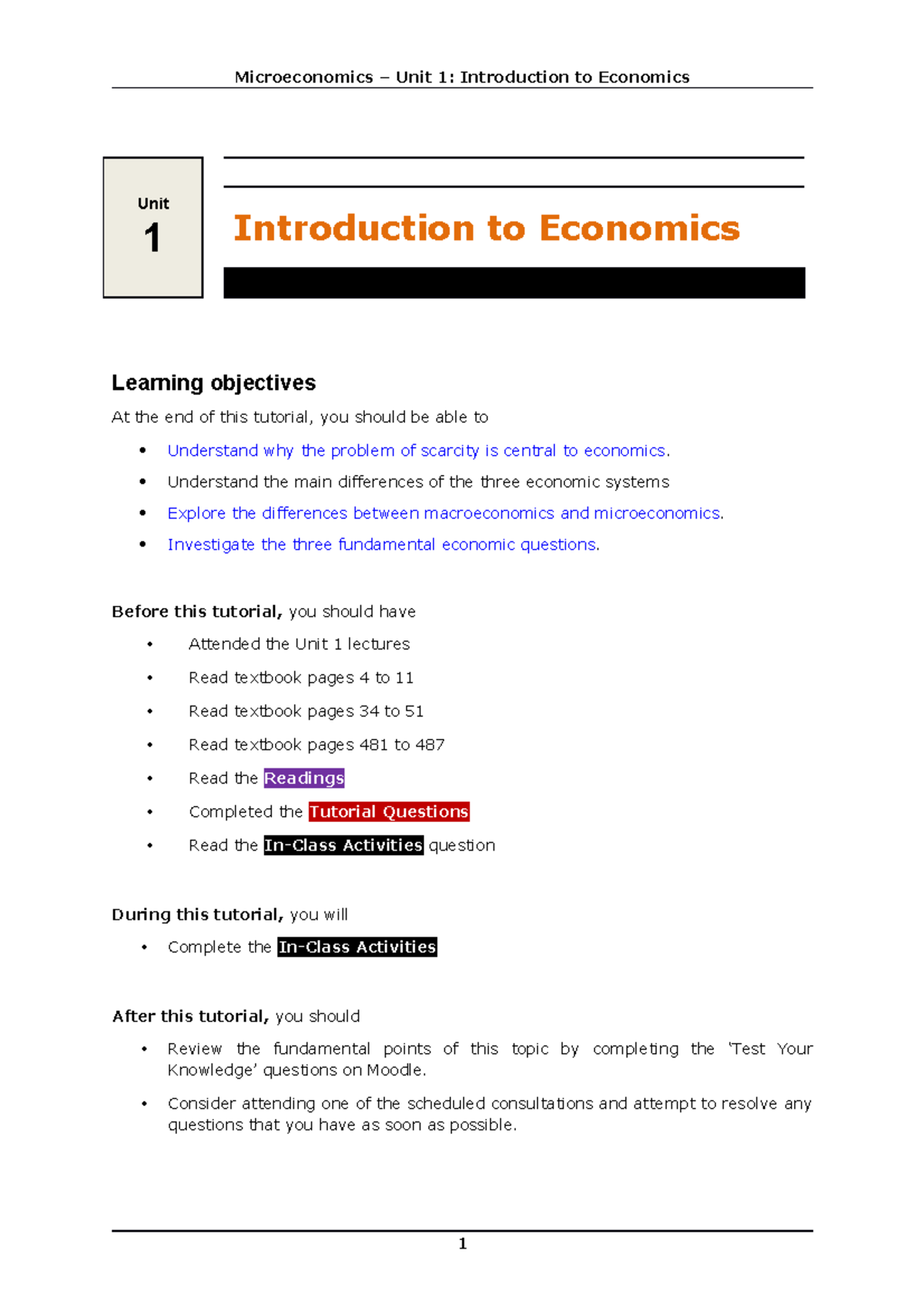 Unit 1 Microeconomics Learning Guide - Students - Unit 1 Introduction ...