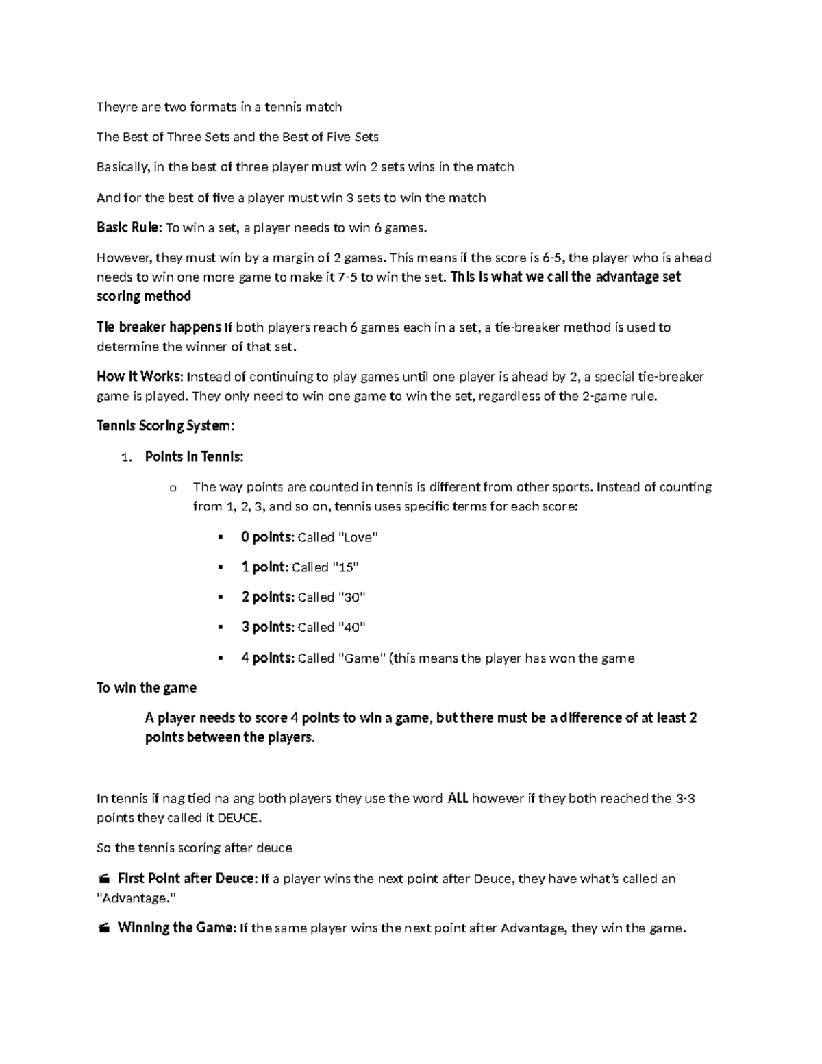 Script tennis - pe 2 - Theyre are two formats in a tennis match The ...