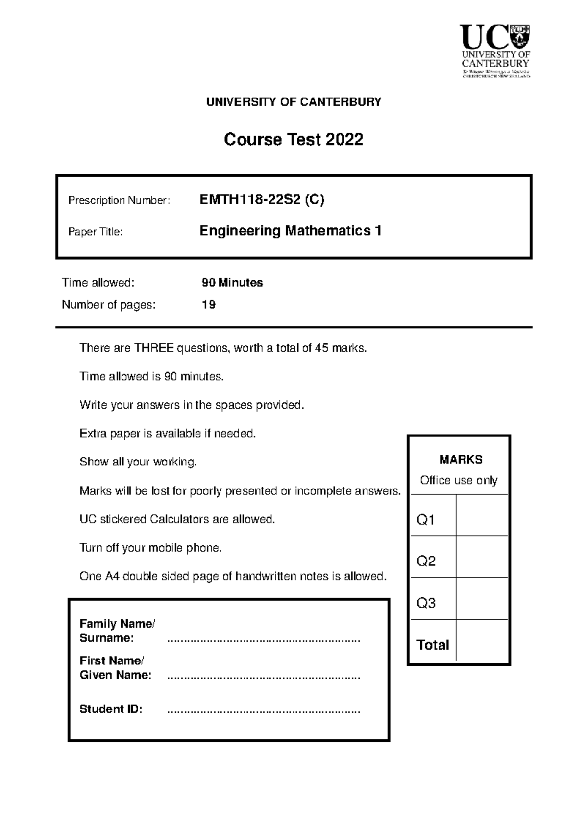 EMTH118 22S2 Test Final - UNIVERSITY OF CANTERBURY Course Test 2022 ...