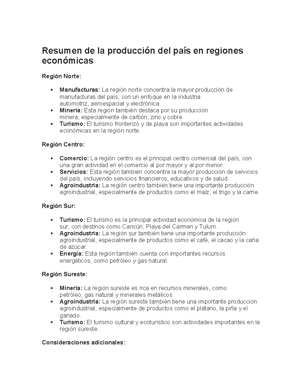 Regiones económicas en méxico - Resumen de la producción del país en ...